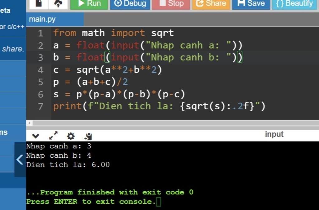 viết chương trình python tính diện tích tam giác